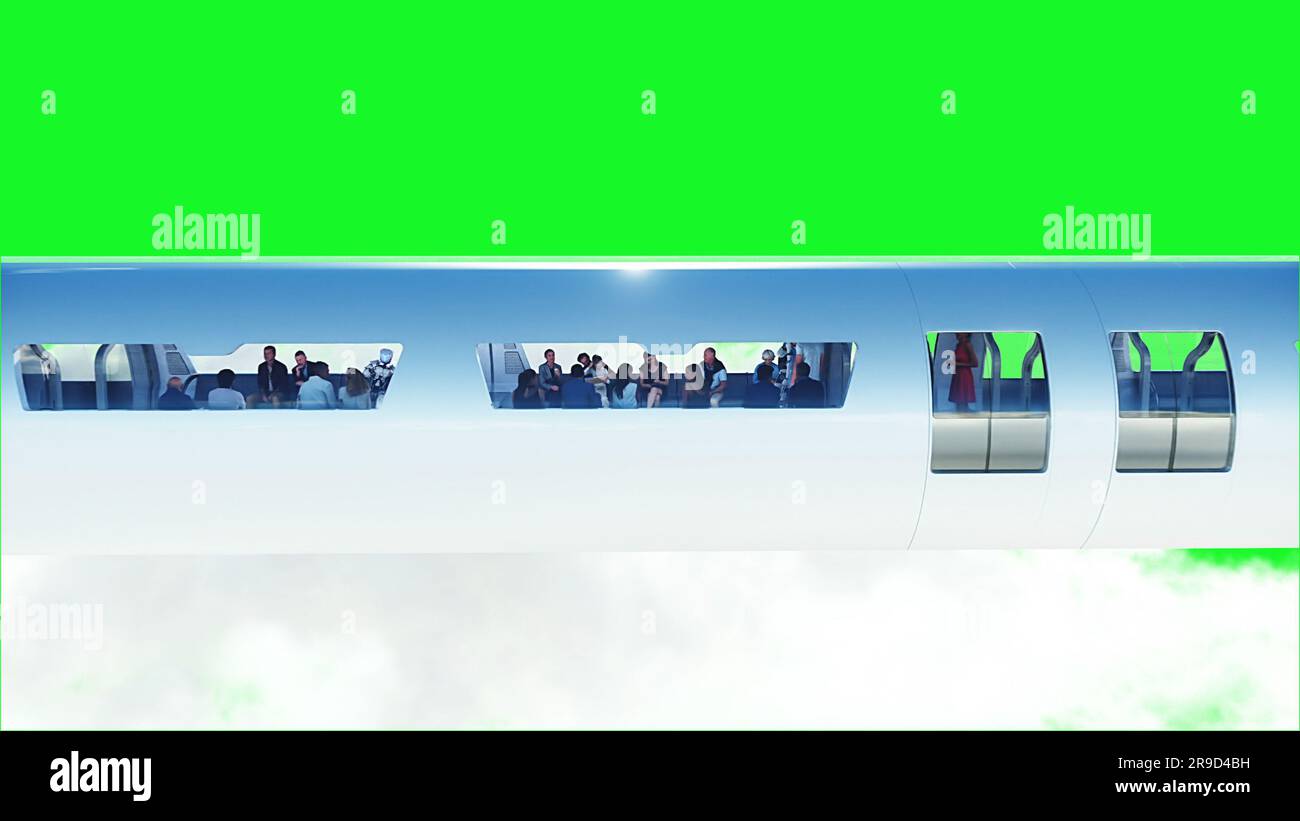 3d people and robots. Flying passenger train. Utopia. concept of the ...