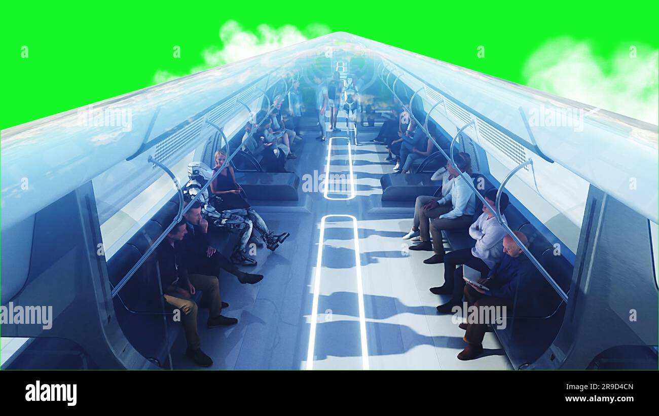 3d people and robots. Flying passenger train. Utopia. concept of the ...