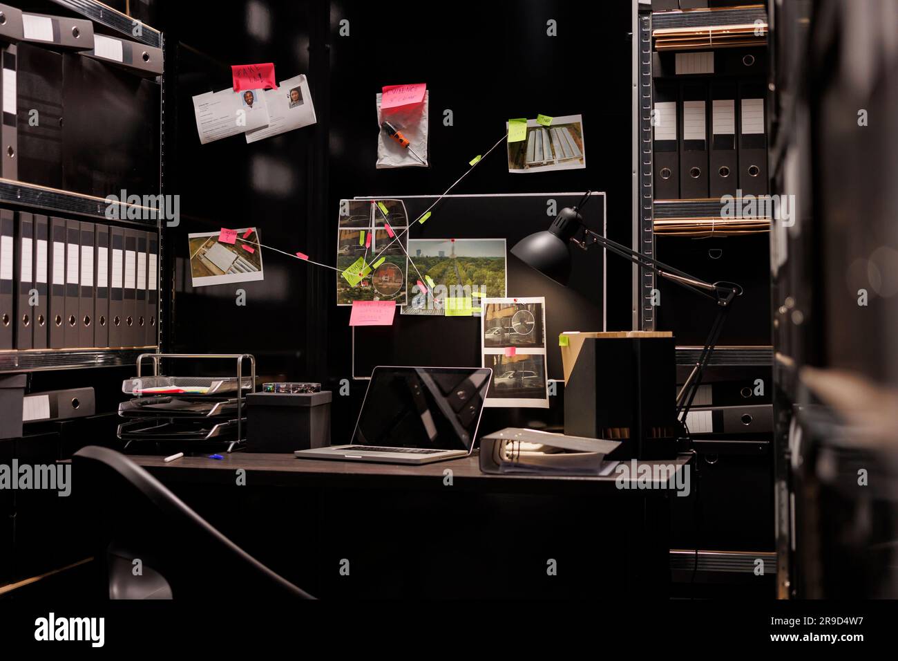 Empty dark police detective room with murder case investigation process ...