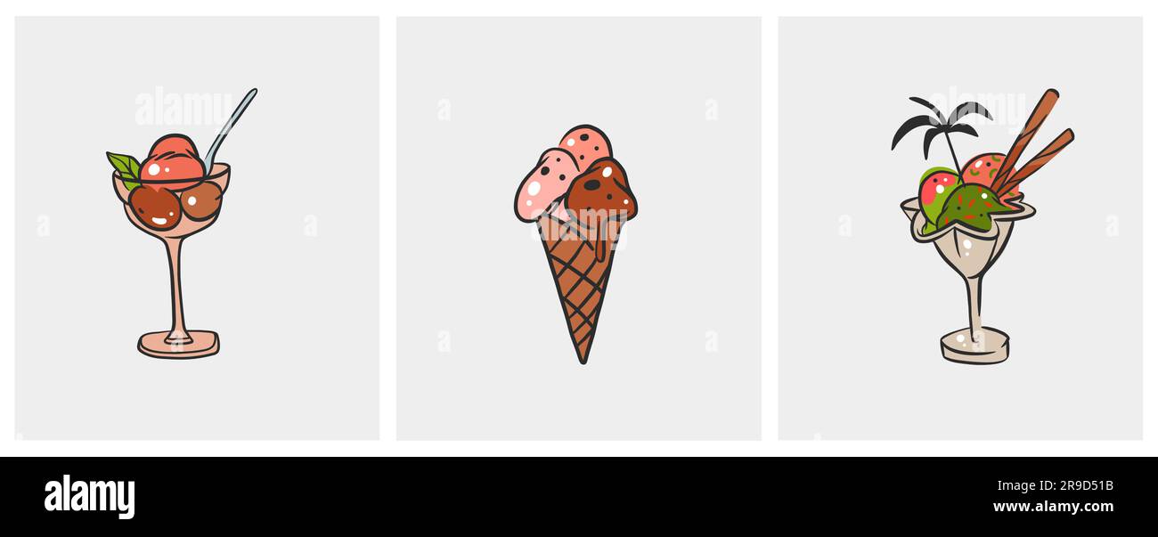 Hand drawn vector abstract cartoon ice creram cone ,sundae line art ...