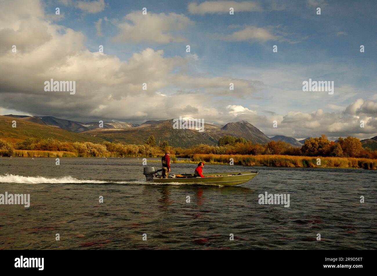 Guide navigates a boat with anglers Stock Photo - Alamy