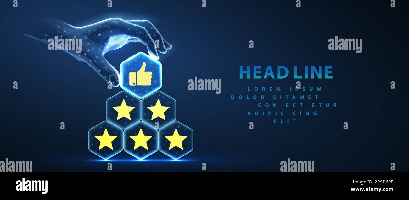 Customer review rating with five stars and thumb up. Reputation 5 stars ...