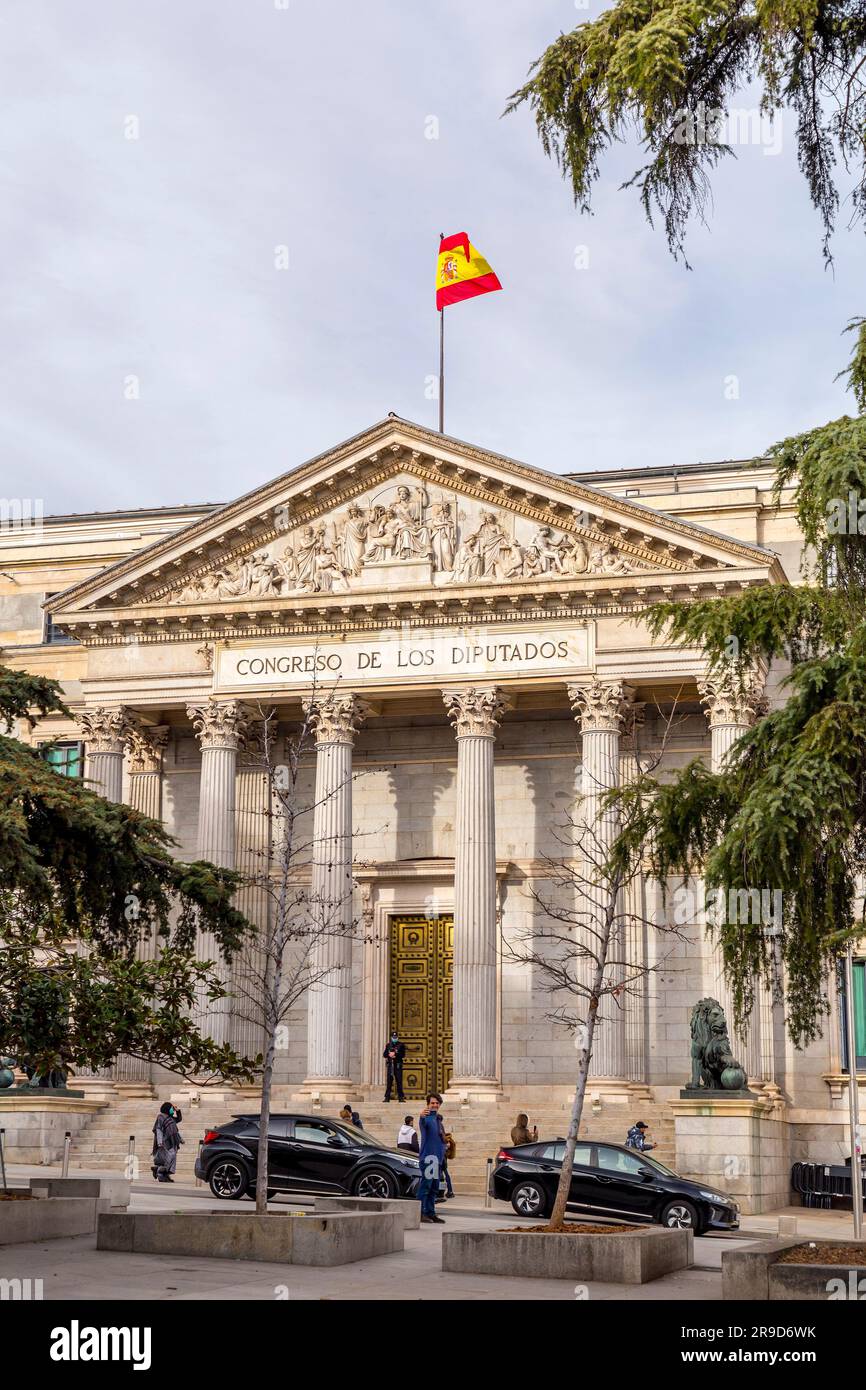 Madrid, Spain - FEB 16, 2022: Palacio de las Cortes is a building in ...