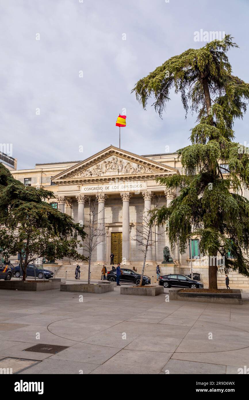 Madrid, Spain - FEB 16, 2022: Palacio de las Cortes is a building in ...
