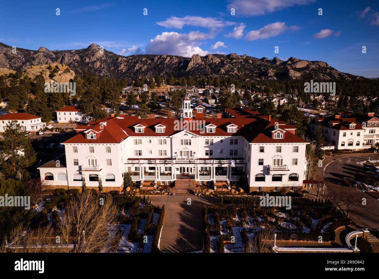 An aerial view of Estes Park, a quaint mountain town located in the ...