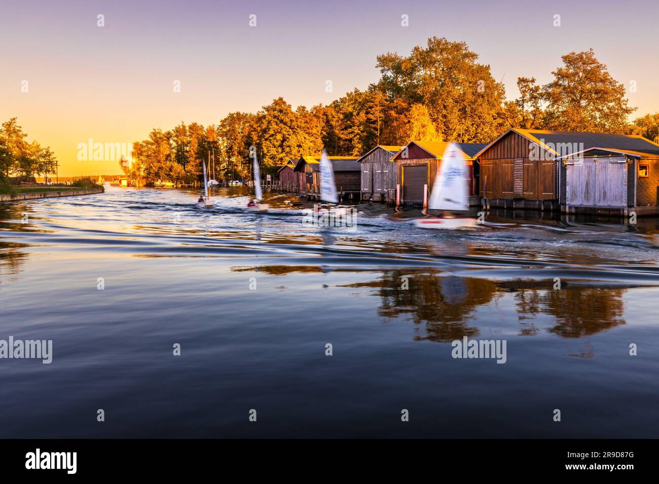The boat huts on the lake in Plau in the Mecklenburg Lake District in ...