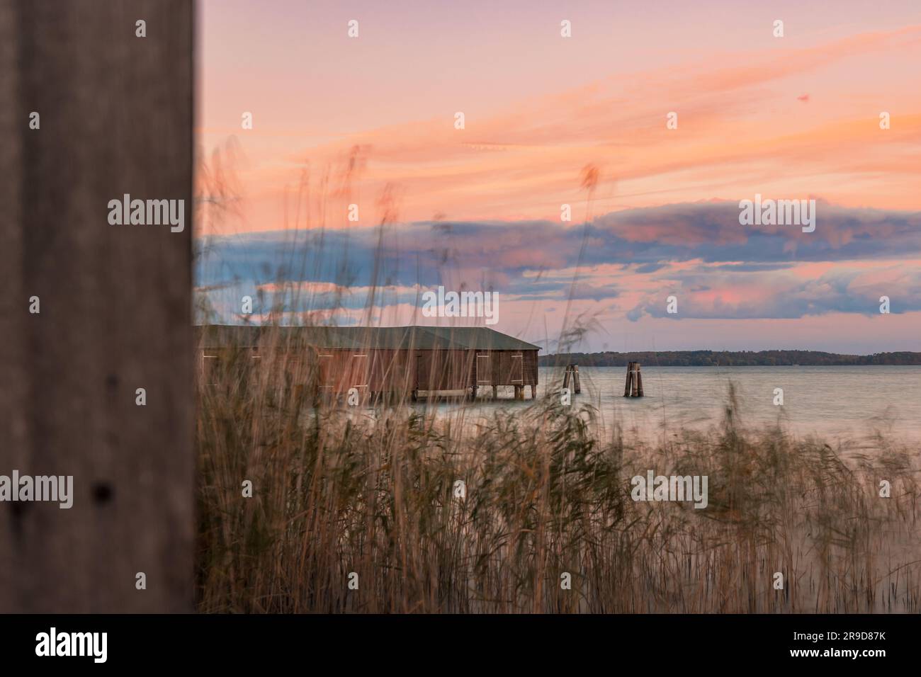 The boat huts on the lake in Plau in the Mecklenburg Lake District in ...