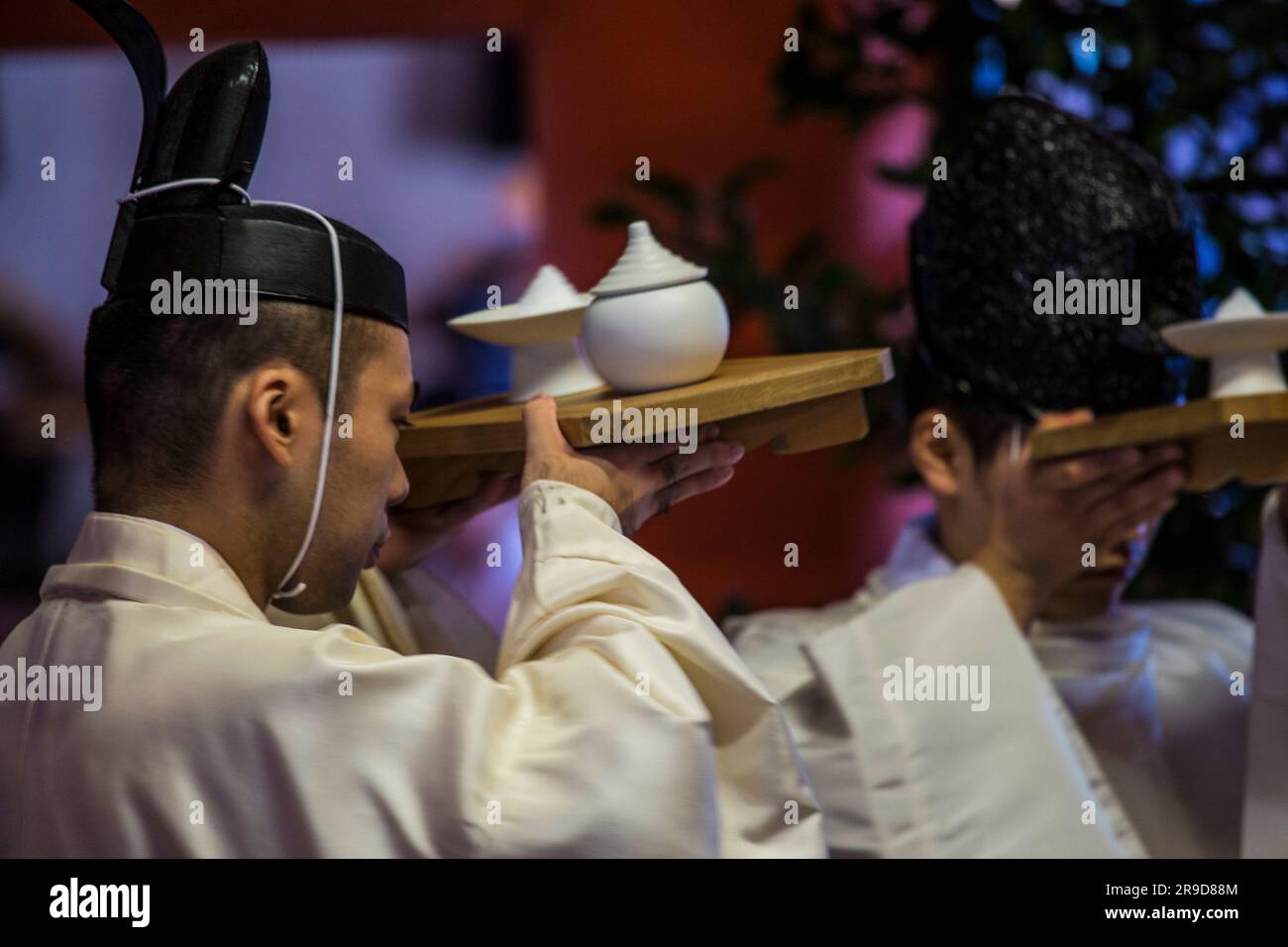 Morning ritual at the Itsukushima shrine Stock Photo - Alamy