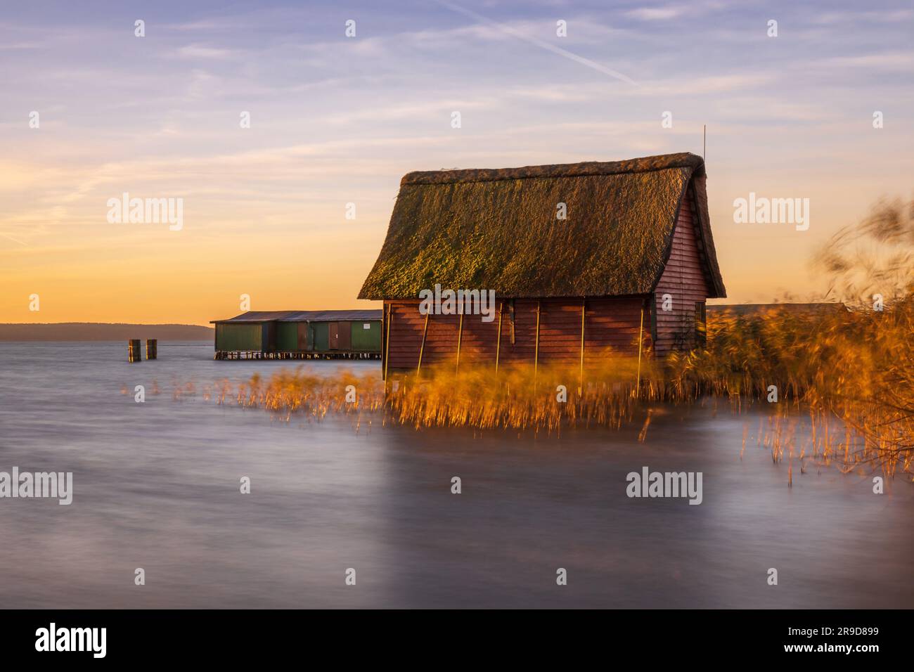 The boat huts on the lake in Plau in the Mecklenburg Lake District in ...
