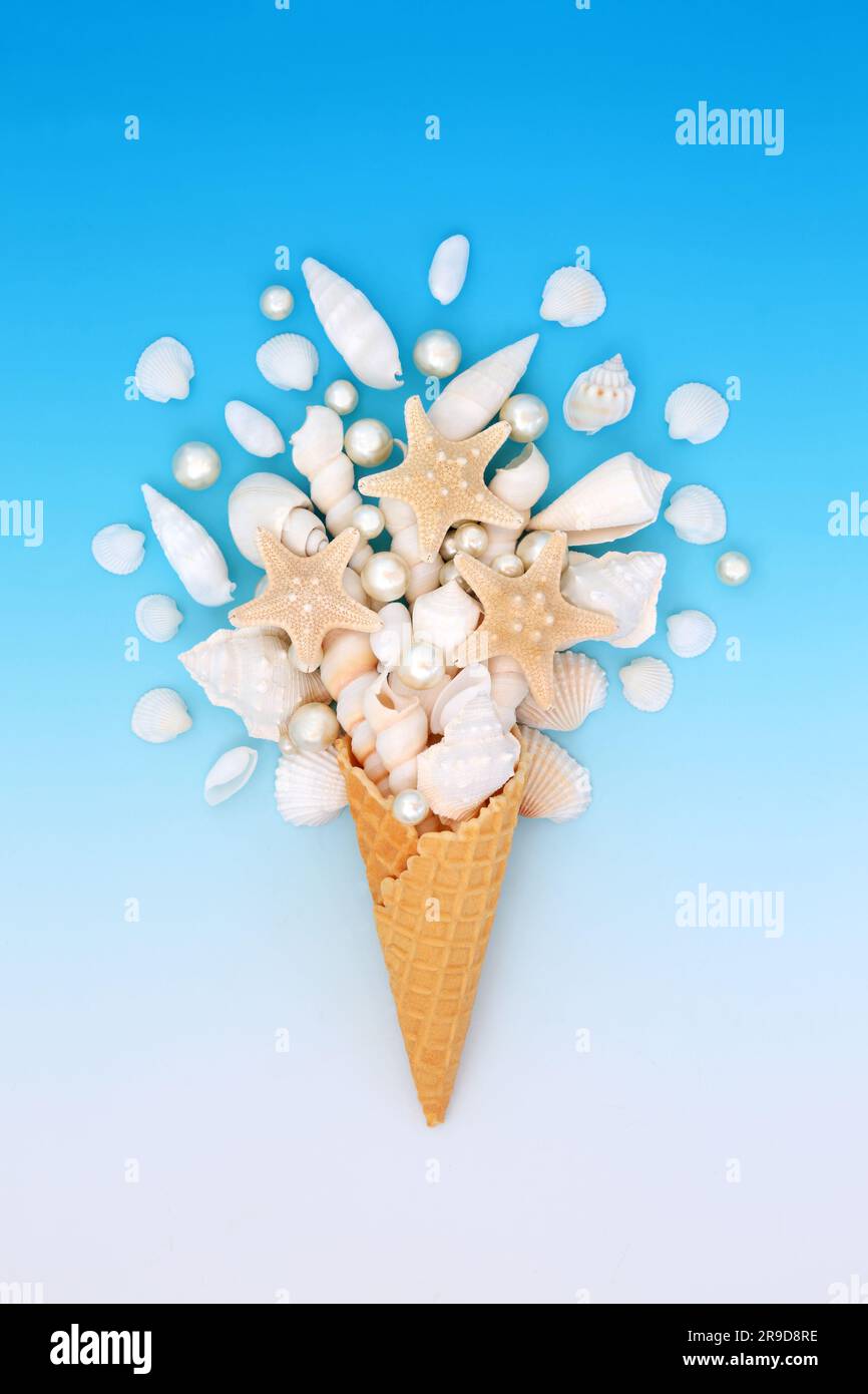 Whimsical surreal ice cream cone with sea shells and oyster pearls ...