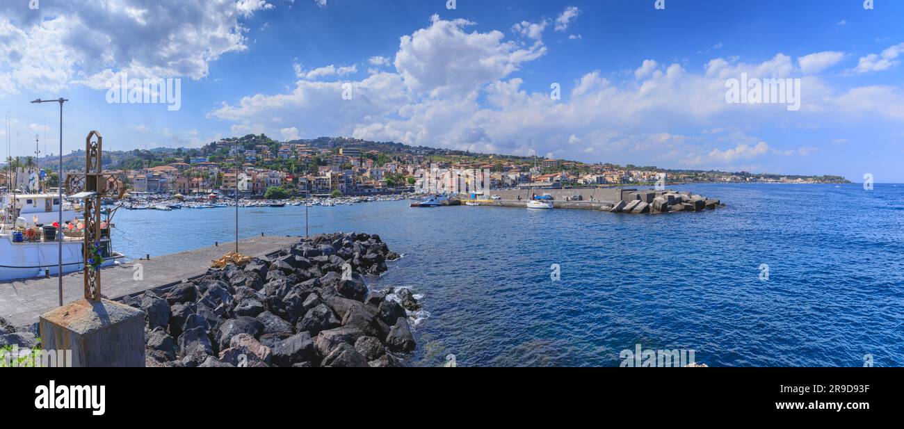 Townscape of Acitrezza from the harbour in Sicily, Italy Stock Photo ...