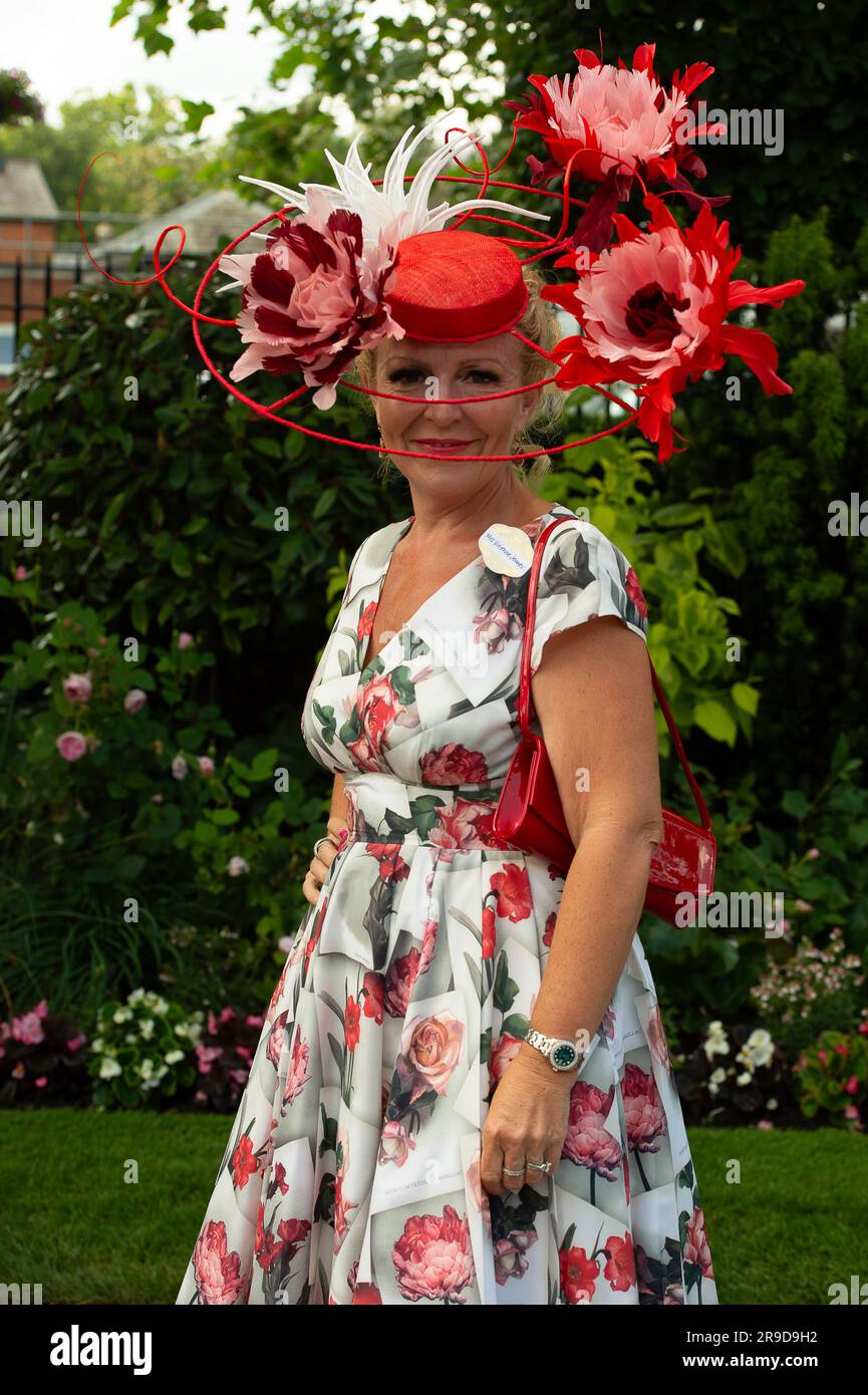 Ascot, Berkshire, UK. 21st June, 2023. Milliner Viv Jenner wears one of ...