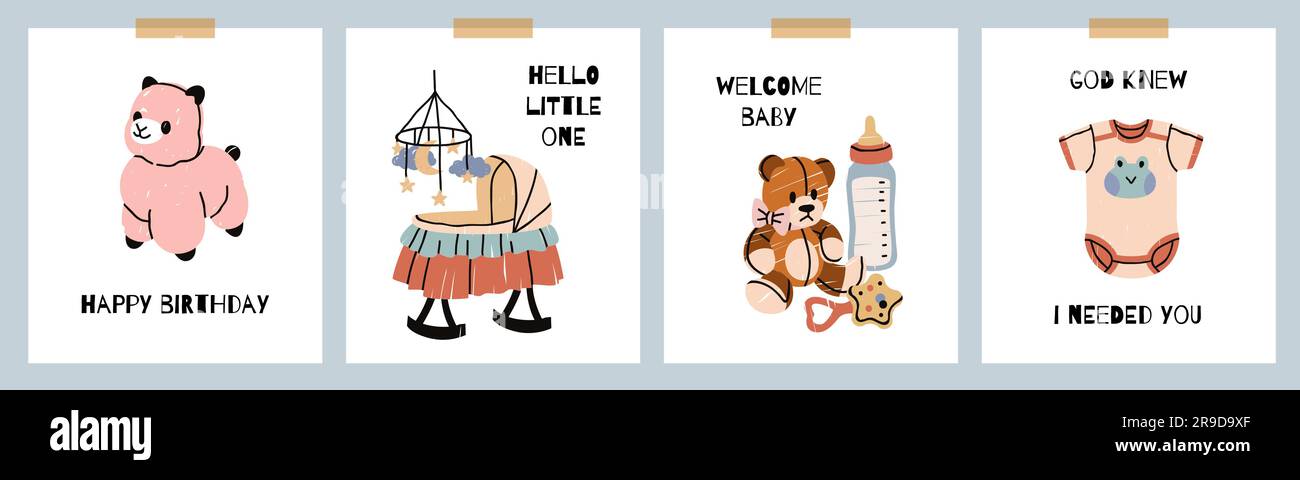Baby accessories cards. Delicate colors newborns posters, nursery toys ...