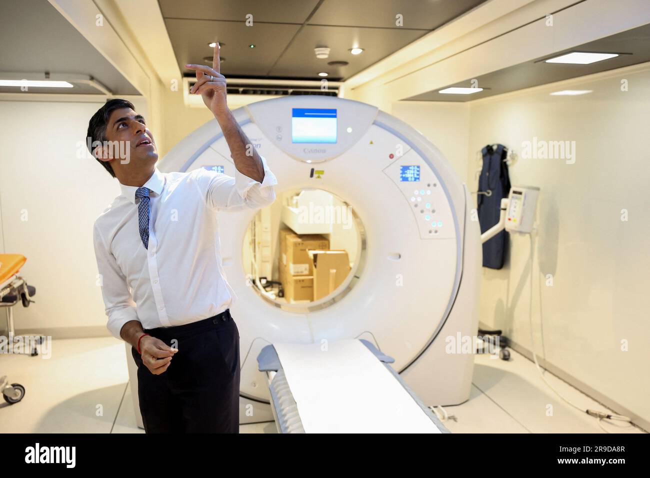 Prime Minister Rishi Sunak during a visit to a mobile lung health check ...