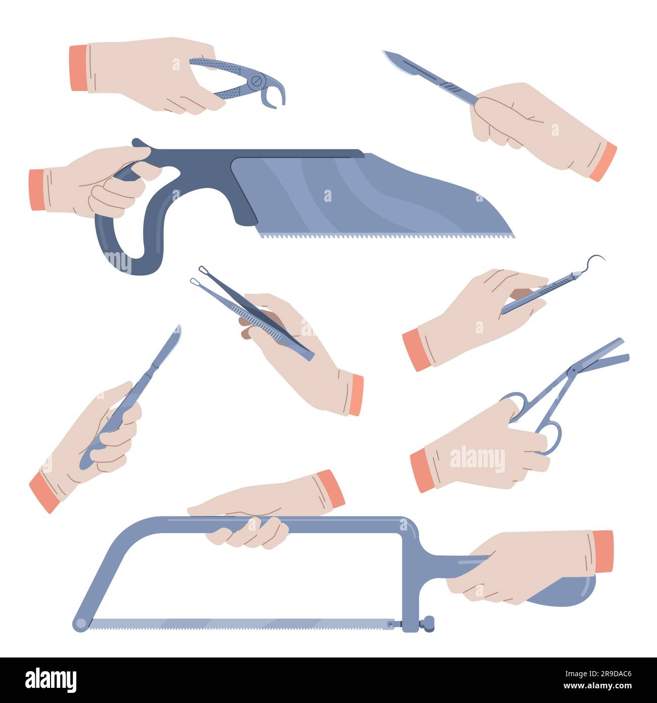 Hands in medical gloves hold surgical instruments. Flat steel tweezers ...