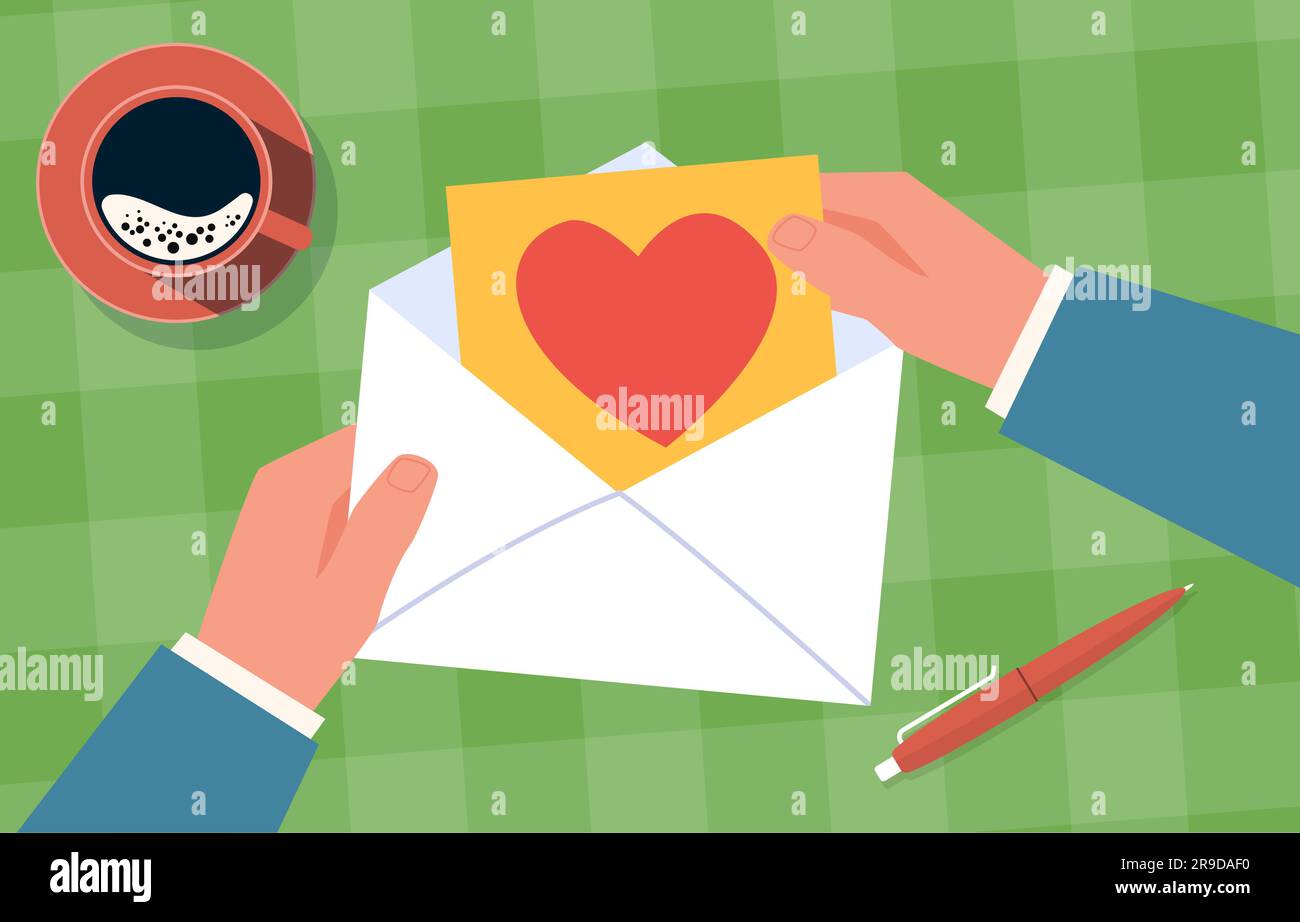 Man received love letter, hand hold envelope with heart, top view ...