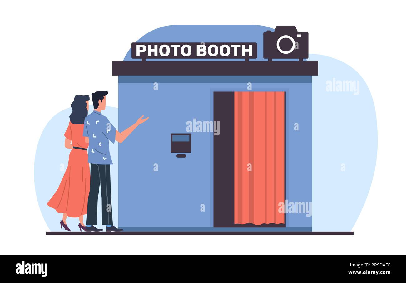 Man offers woman to take cards together in photo booth. Happy romantic ...