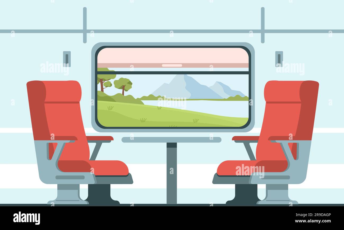 Modern interior of train car with armchairs, table, hangers, shelves ...
