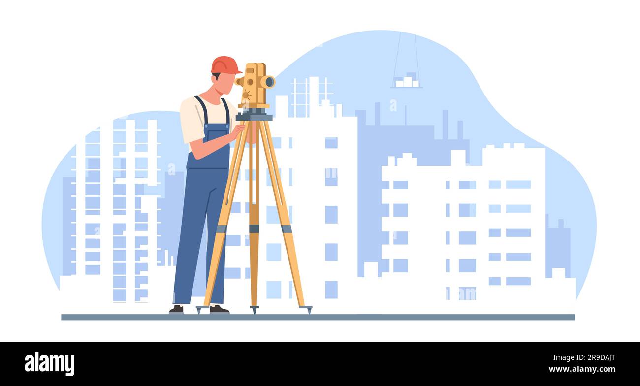 Surveyor takes measurements with equipment at site under construction ...