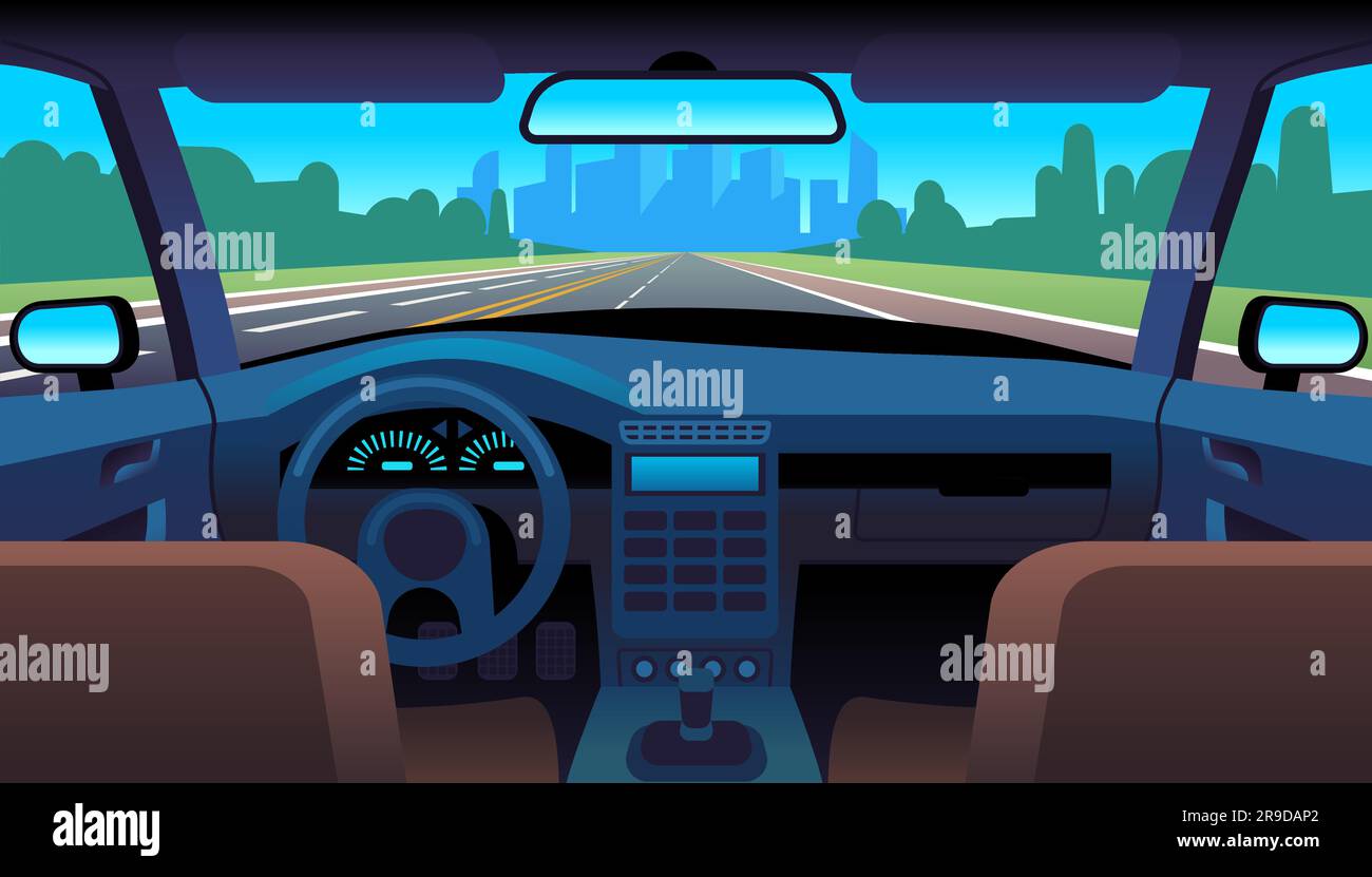 View of car inside with steering wheel, automobile dashboard, steering ...