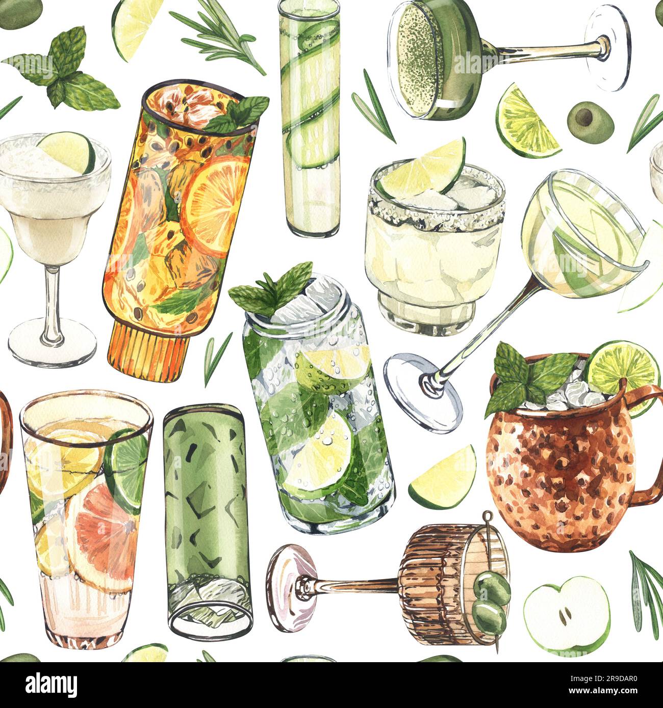 Watercolor seamless pattern, cocktail glasses: martini,mojito,liquor ...
