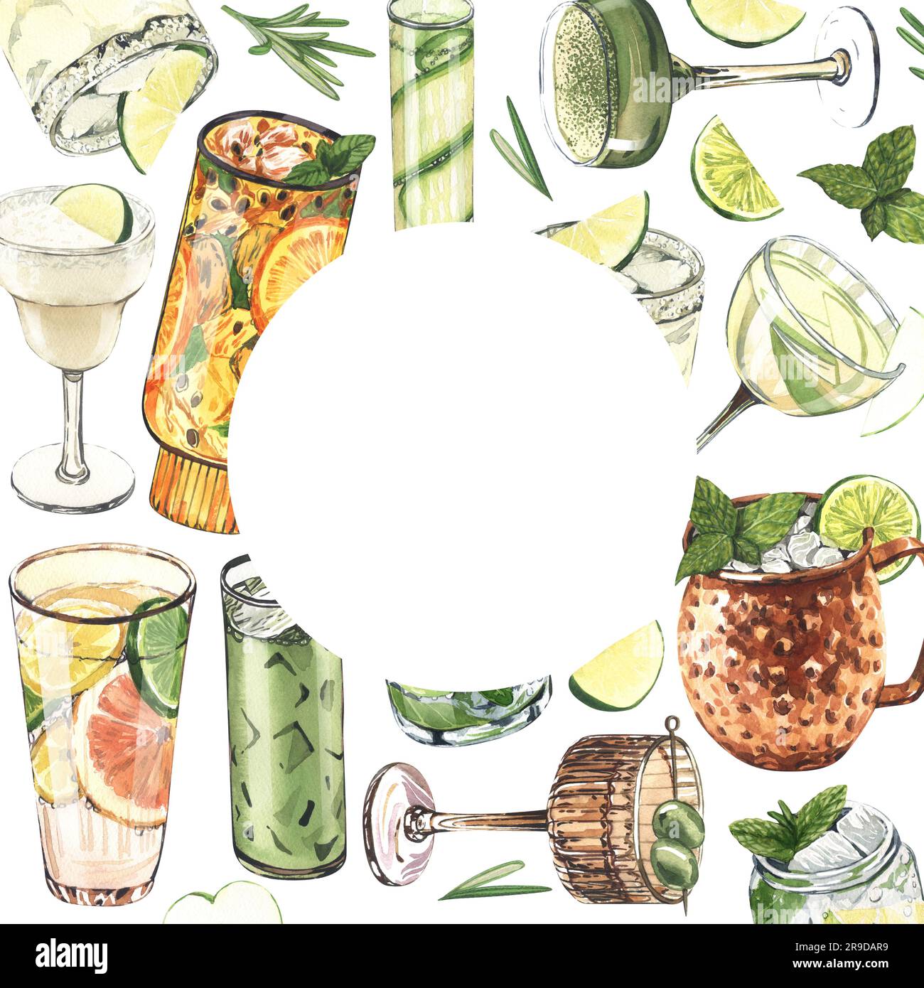 Watercolor frame, cocktail glasses: martini, gin,margarita,mojito ...