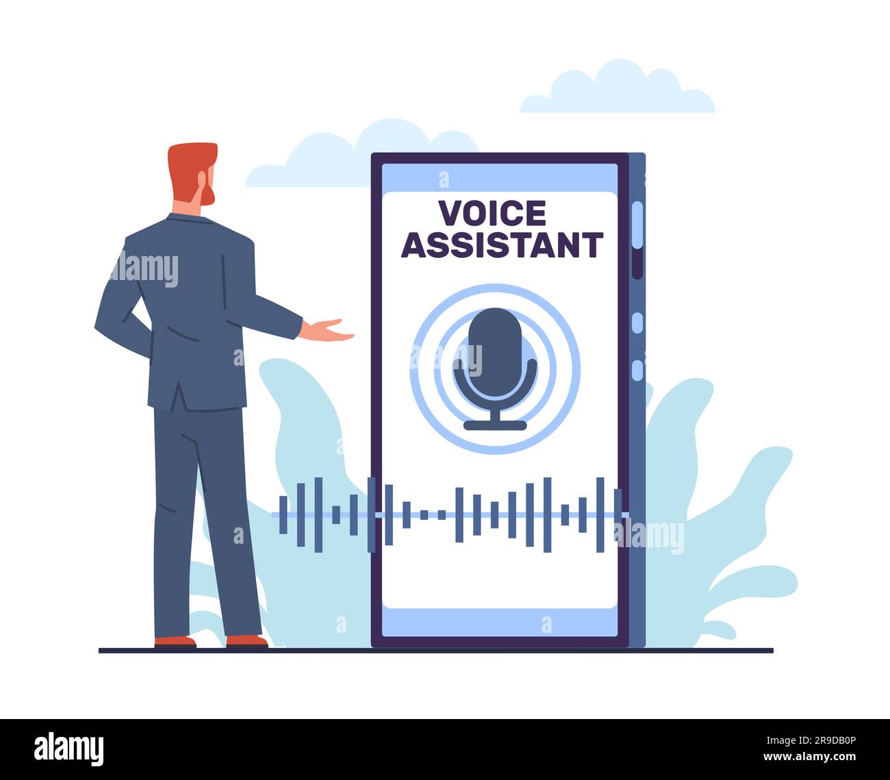 Voice assistant concept, man standing by his smartphone, microphone and ...