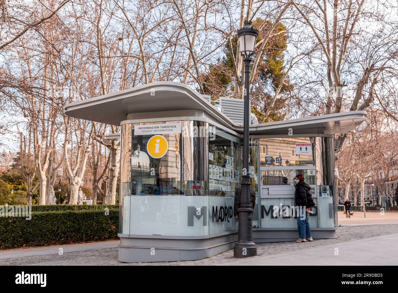 Madrid, Spain - FEB 16, 2022: Tourist information kioks at the Plaza de ...