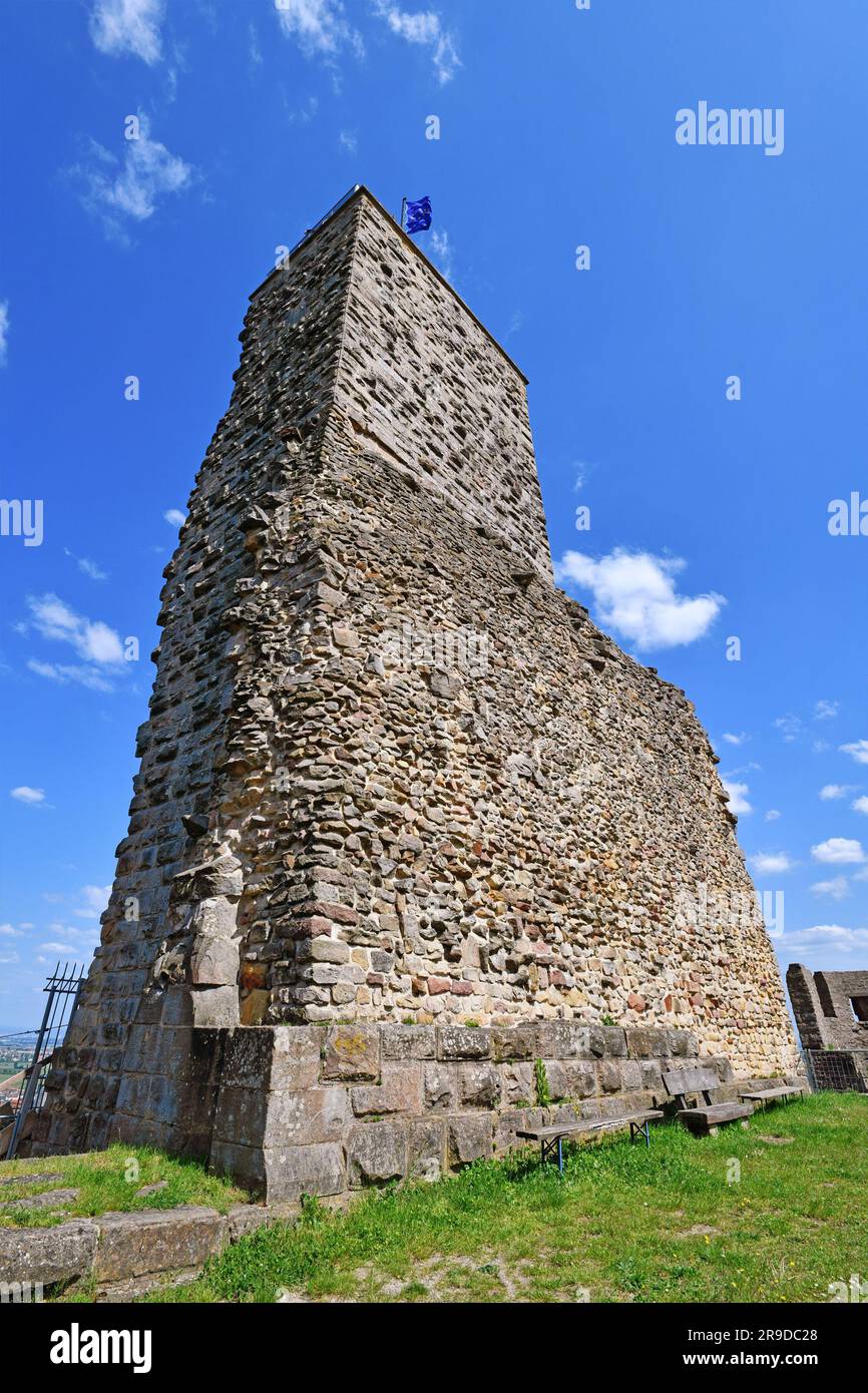 Tower of spur castle ruin called Wachtenburg in city Wachenheim,in ...