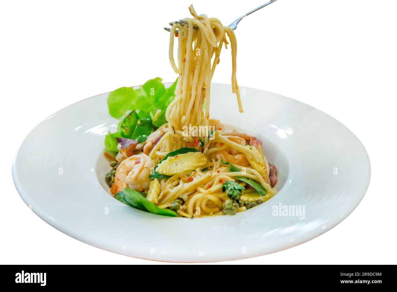 Die cut of Die cut of Spaghetti with spicy prawn and squid on white ...