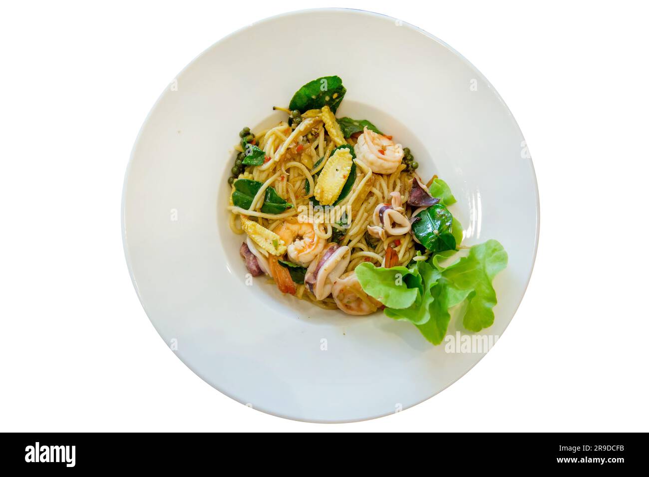 Die cut of Die cut of Spaghetti with spicy prawn and squid on white ...