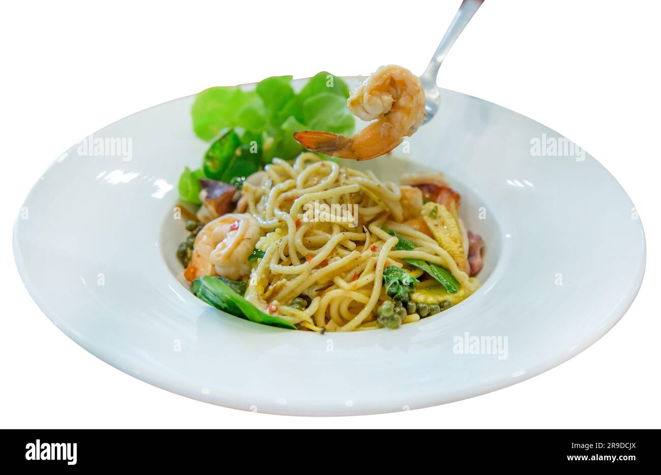 Die cut of Die cut of Spaghetti with spicy prawn and squid on white ...