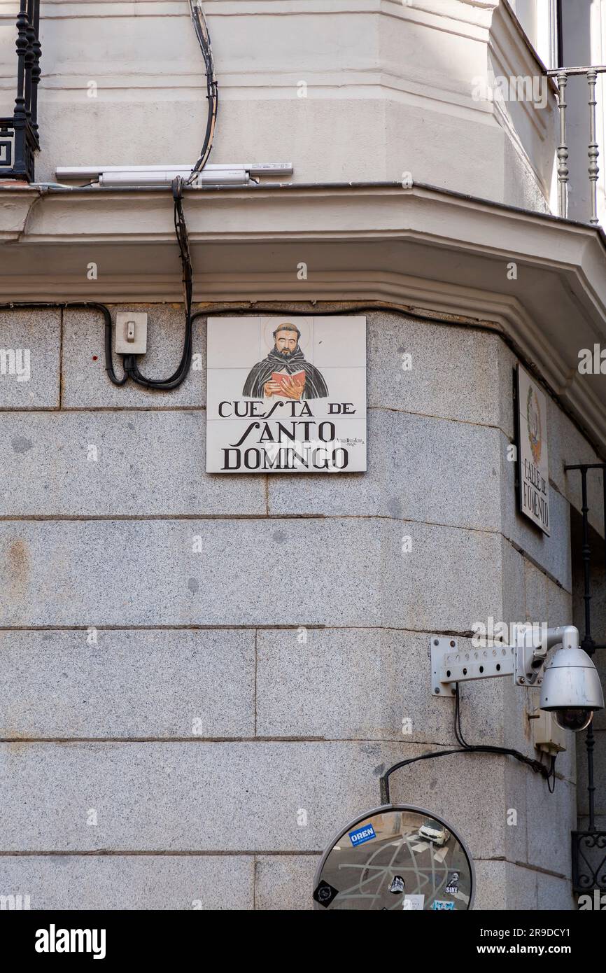 Madrid, Spain - February 16, 2022: Ceramic tile street name sign boards ...