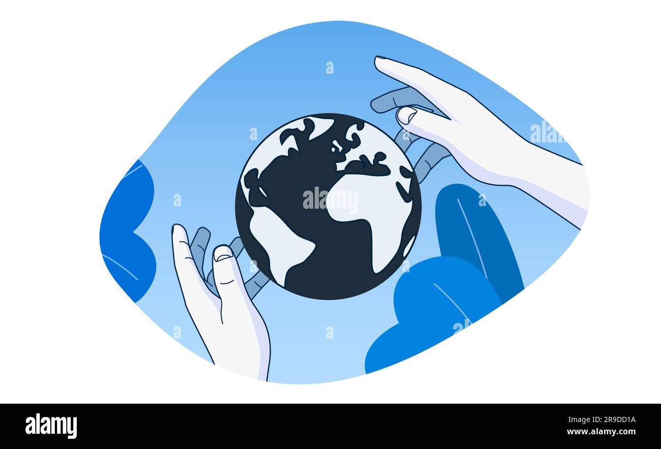 Hands holding earth globe. Outline cartoon style. Vector illustration ...