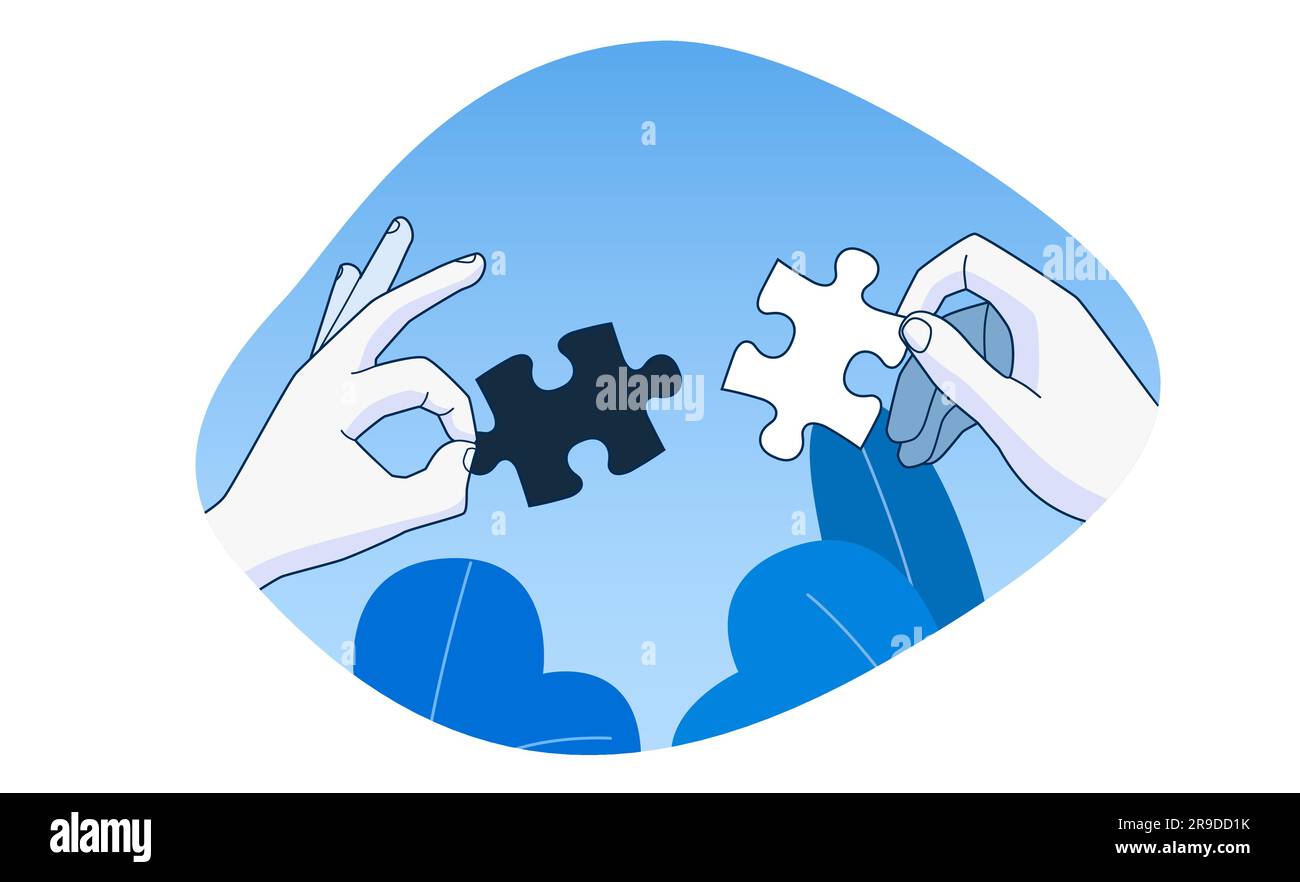 Hands put the puzzle together. The concept of cooperation. Modern flat ...