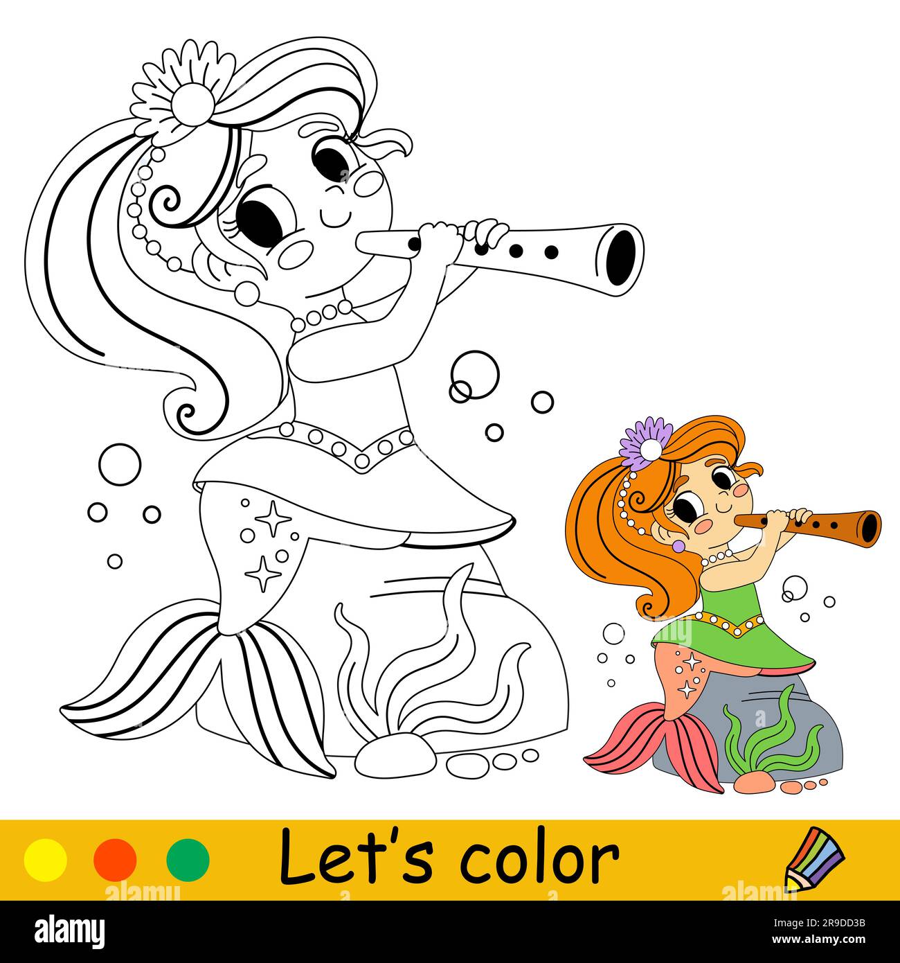 Cute and happy mermaid plays the pipe. Vector cartoon black and white ...