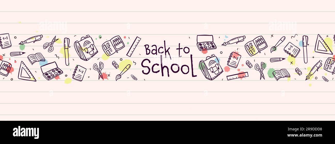 Cute hand drawn back to school seamless pattern, lovely school supplies ...