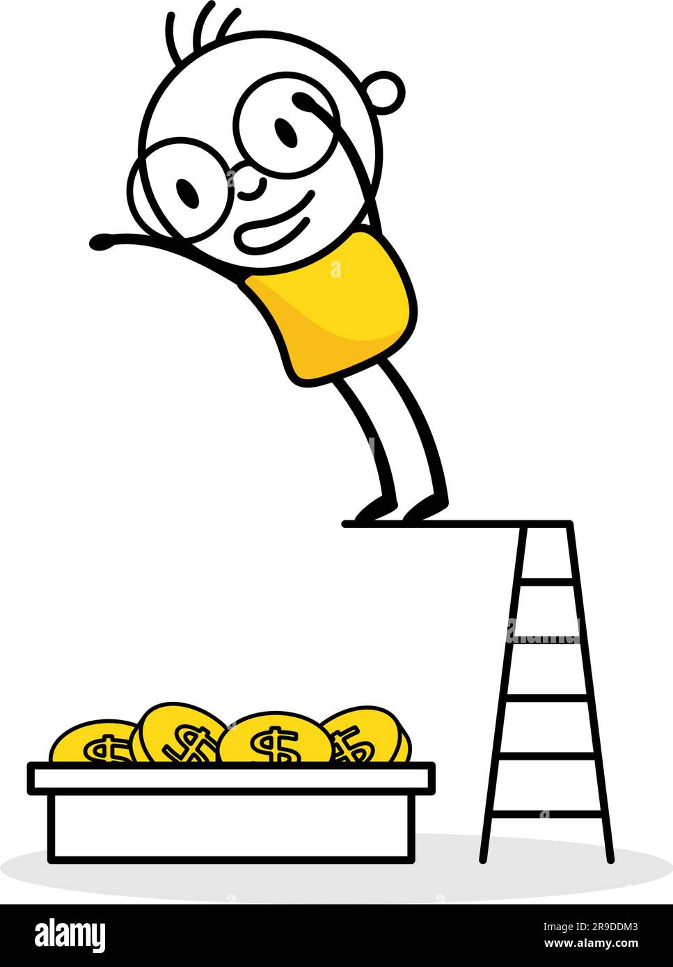 Comic man jump into coins. Happy millionaire with plenty of money ...