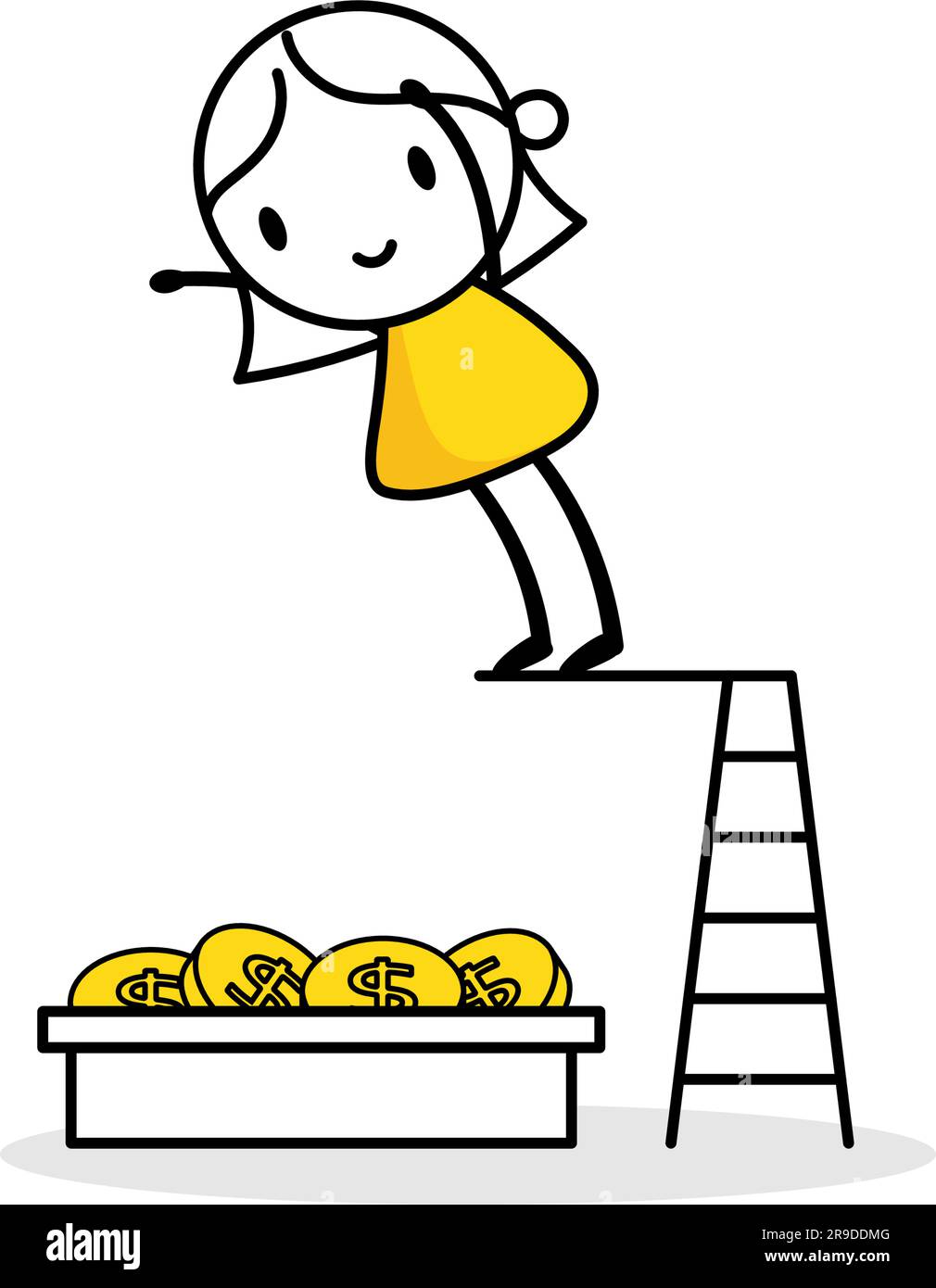 Comic woman jump into coins. Happy millionaire with plenty of money ...