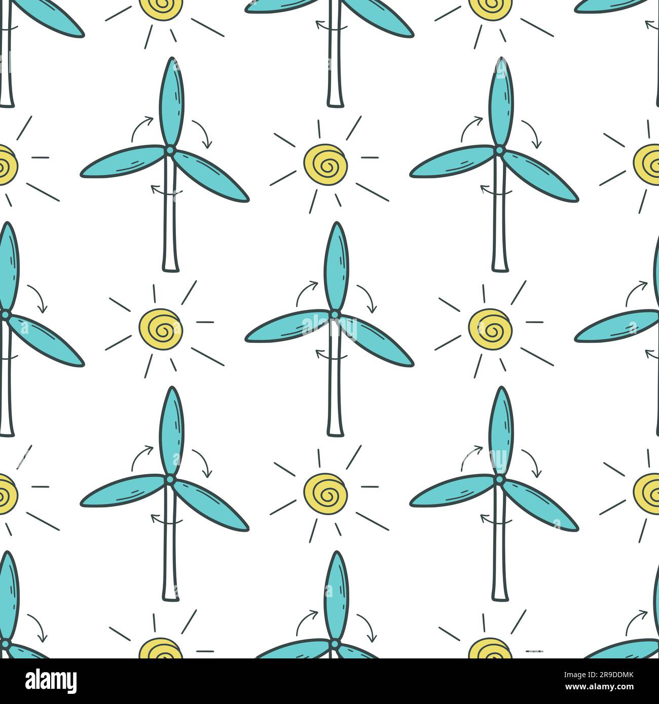 Net energy of sun and wind pattern. Windmill seamless pattern doodle ...