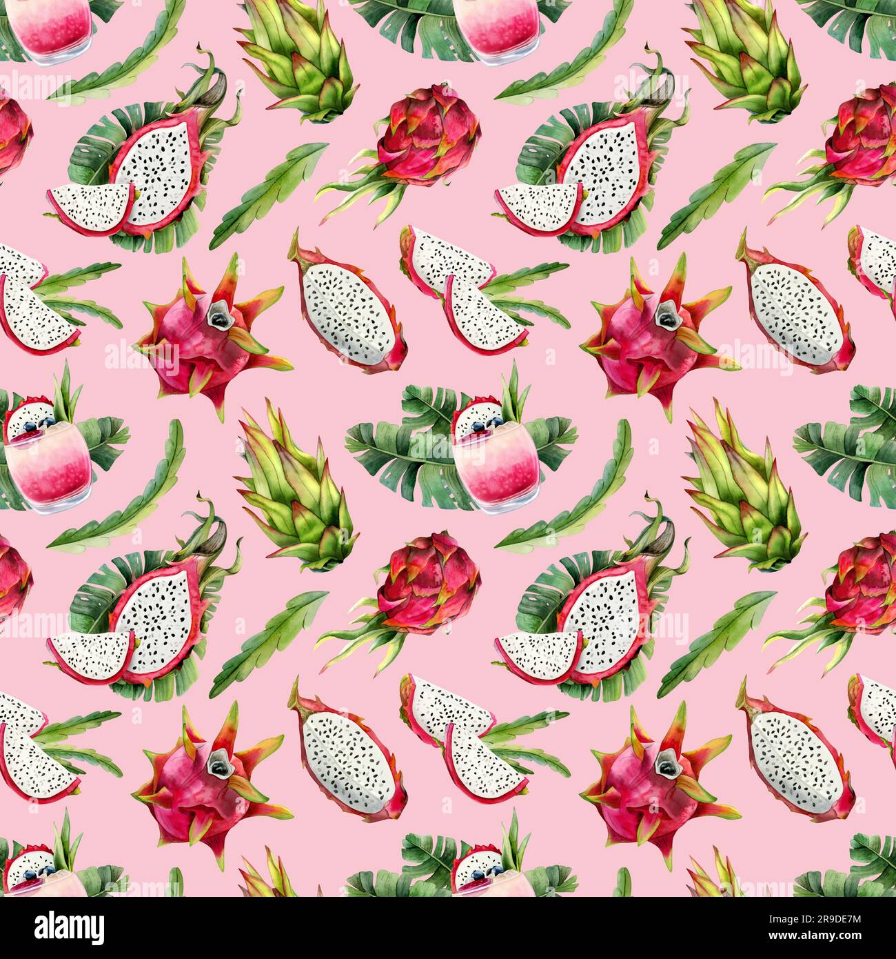 Red pitaya watercolor dragon fruits and tropical leaves seamless ...