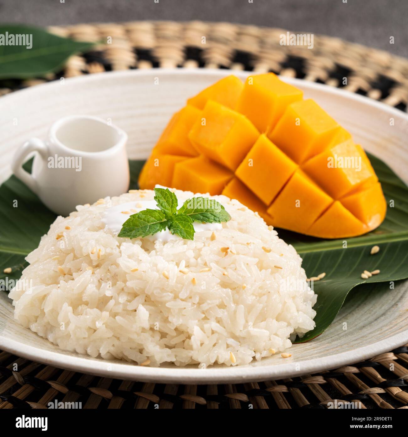 Delicious Thai mango sticky rice with cut fresh mango fruit in a plate ...