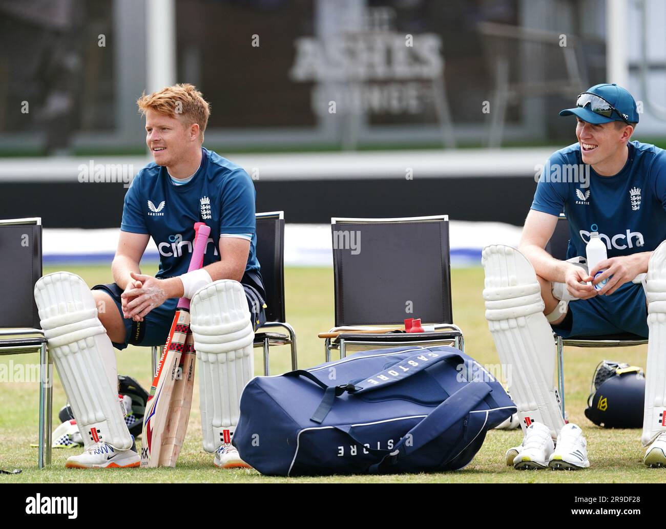 England's Ollie Pope and Zak Crawley during a nets session at Lord's Cricket Ground, London ...