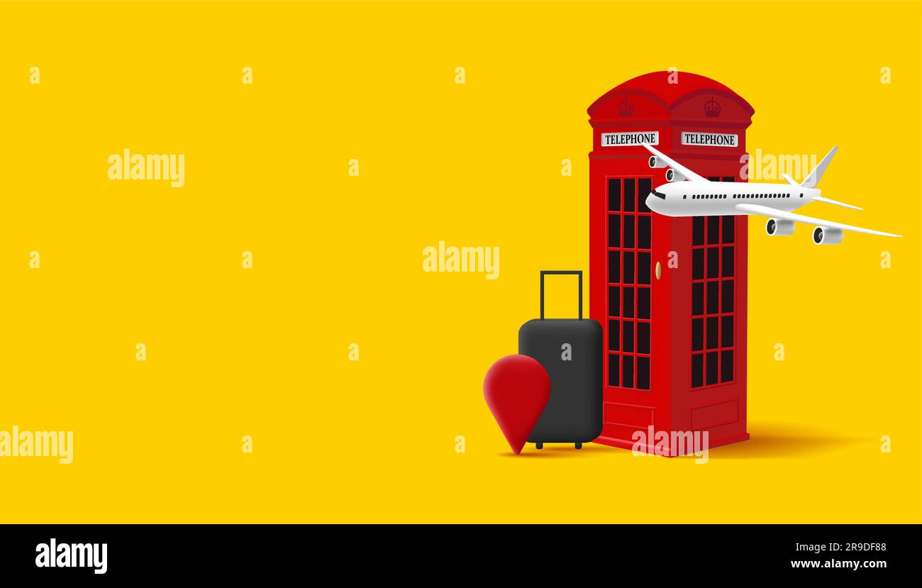 red telephone London box with plane and suitecase, 3d render ...