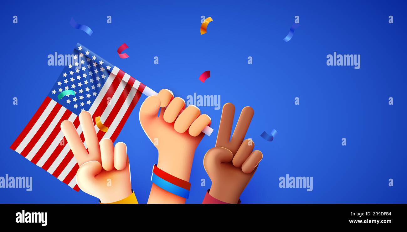 Raised multiracial hands with USA flag. 4th of July. Celebrating ...