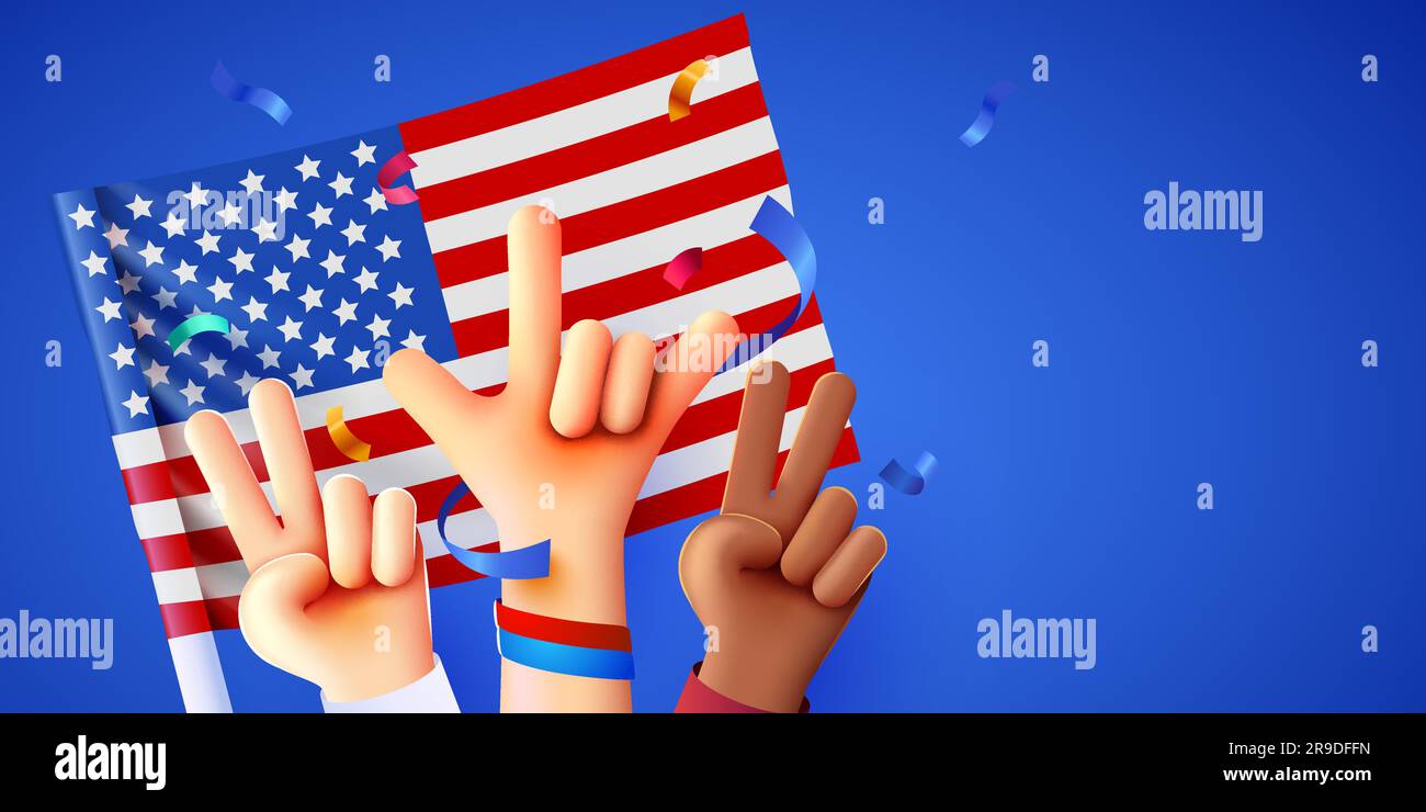 Raised multiracial hands with USA flag. 4th of July. Celebrating ...