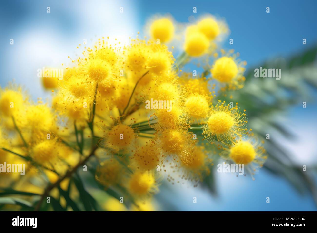 Yellow flowers of acacia mimosa tree on bright sunny blue sky ...