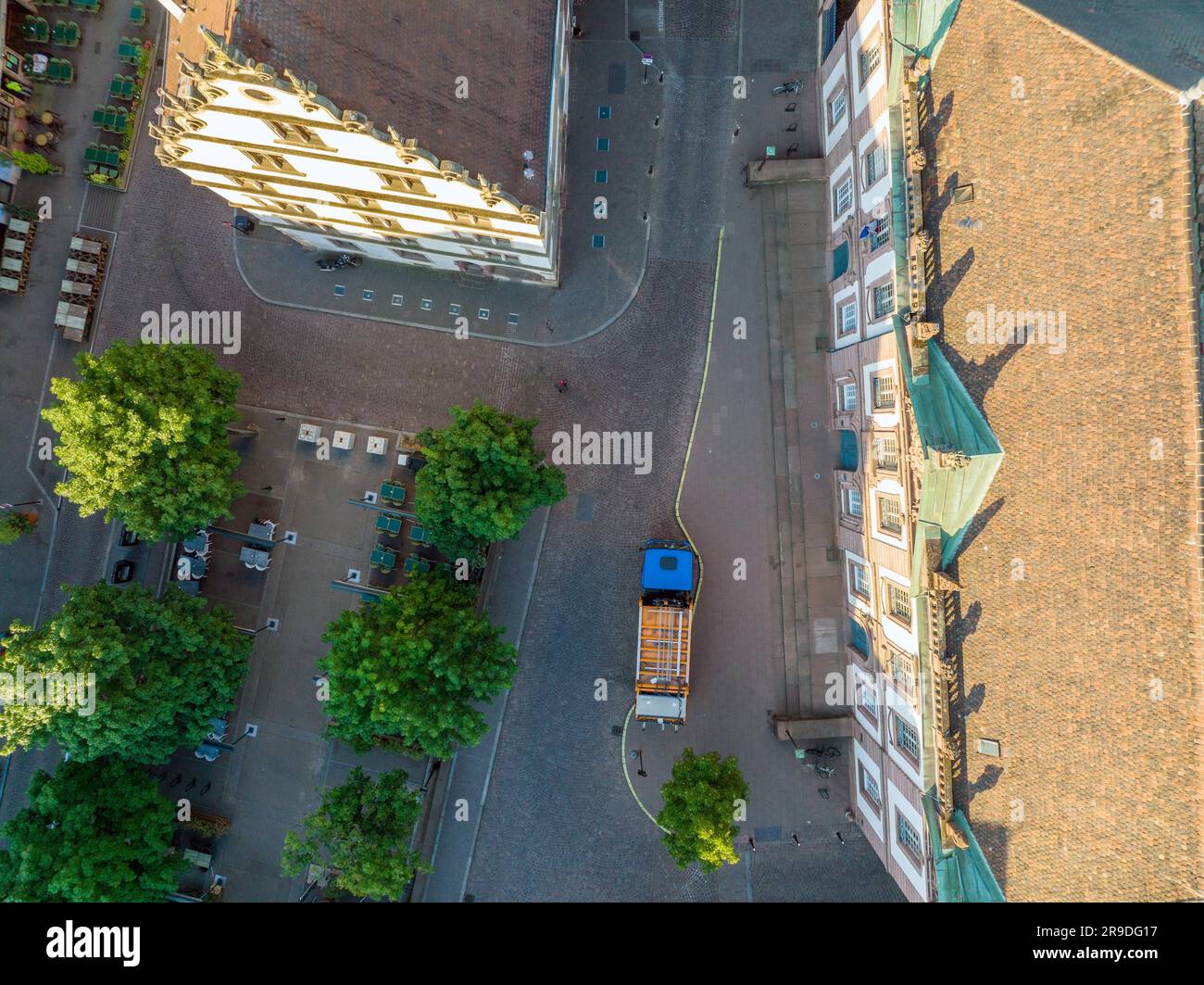 Aerial view of a Garbage refuse recycling truck in Residential area ...