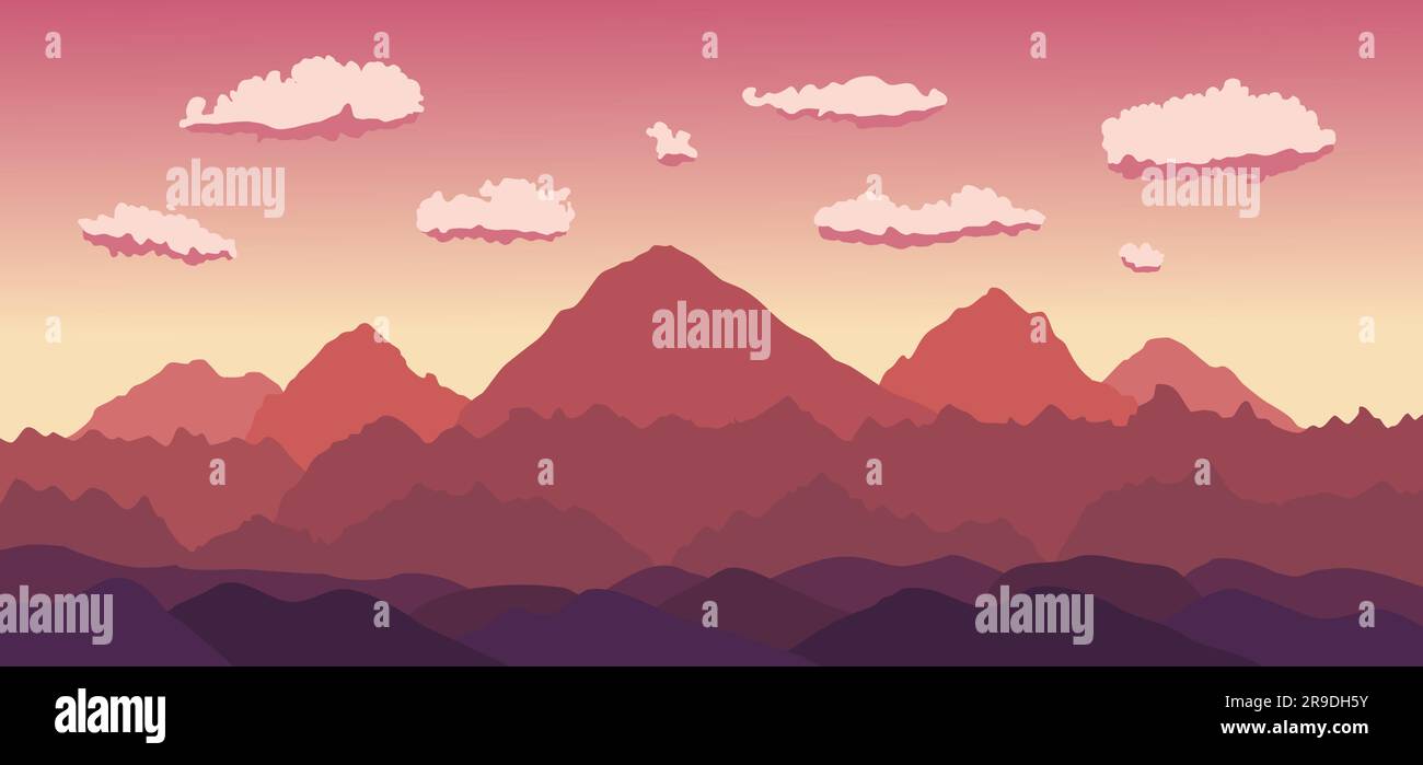 Mountain sunrise. Vector Oregon panoramic landscape. Beautiful red ...