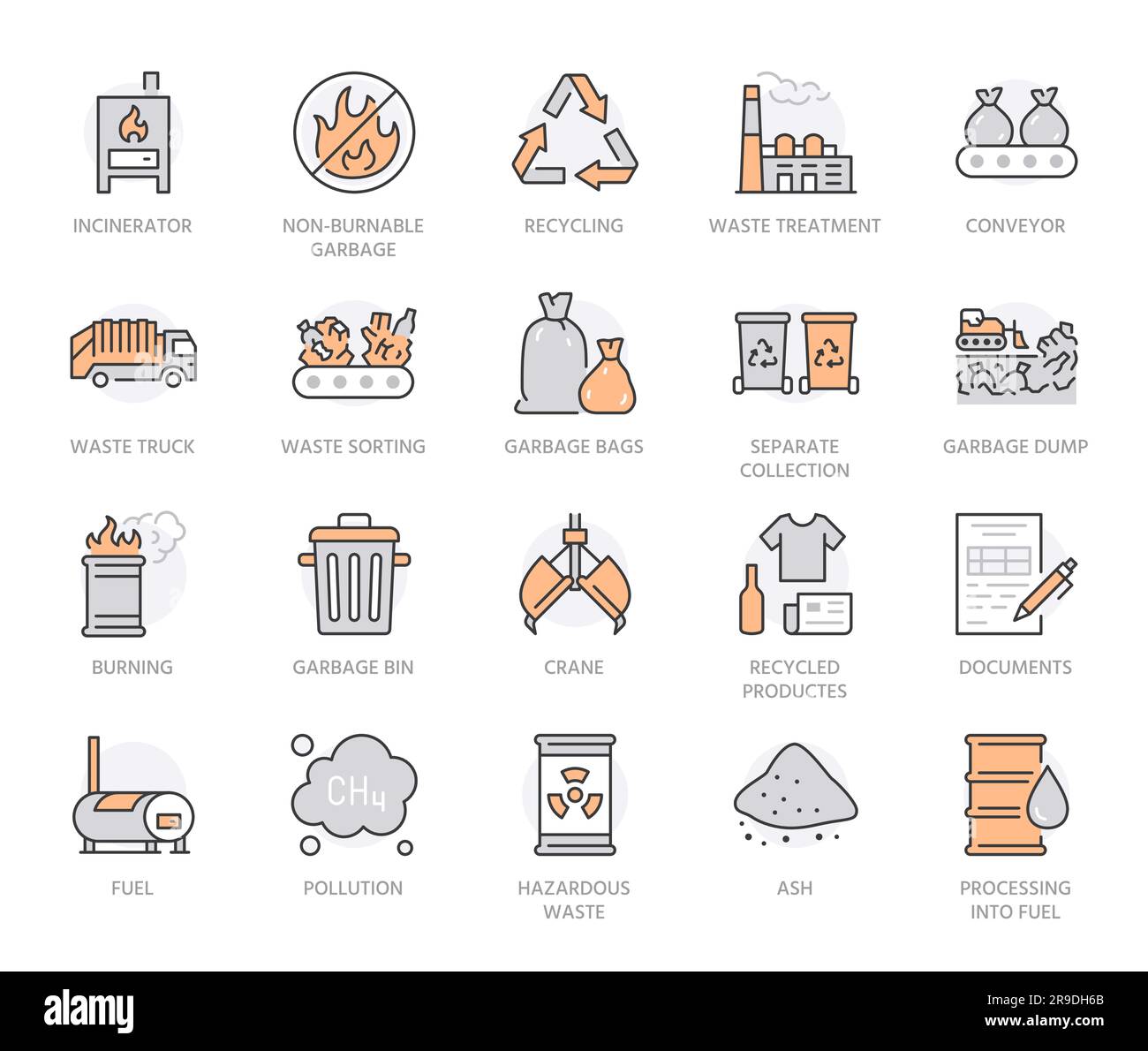 Waste recycling flat line icons set. Garbage bag, truck, incinerator factory, container, bin ...